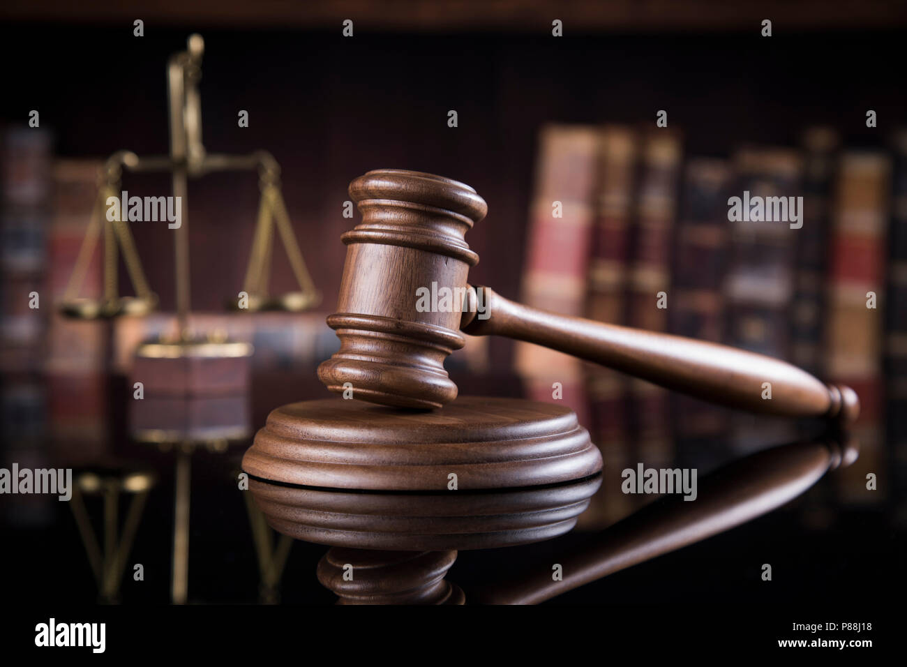 Law theme, mallet of the judge, mirror reflection background Stock ...