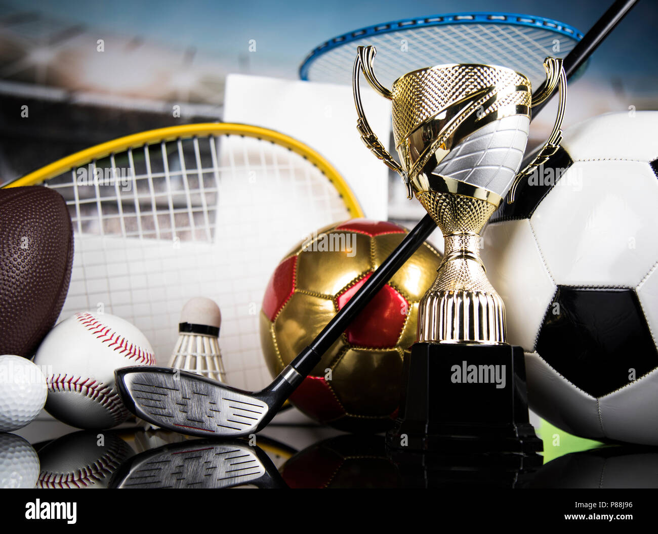 Cups of winners award on white podium, sport background Stock Photo - Alamy