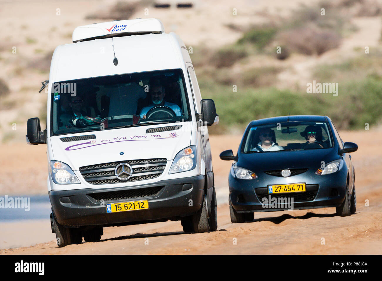 Vogelaars rijdend in busje en auto; Birdwatchers driving in van and car ...