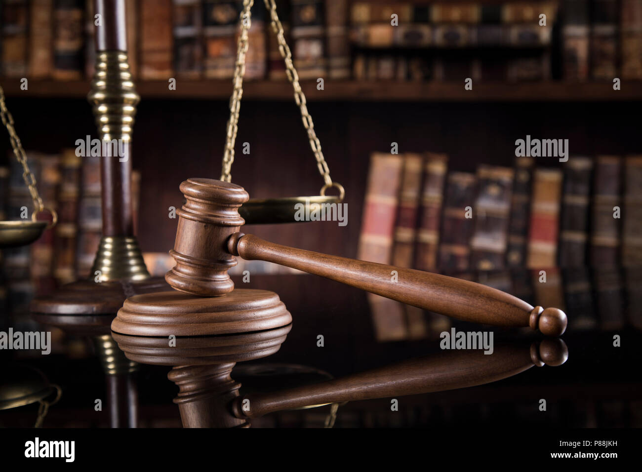 Law theme, mallet of the judge, mirror reflection background Stock ...