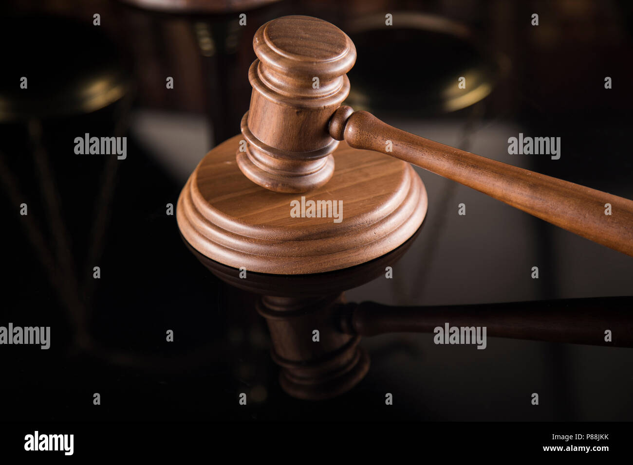 Law theme, mallet of the judge, mirror reflection background Stock ...