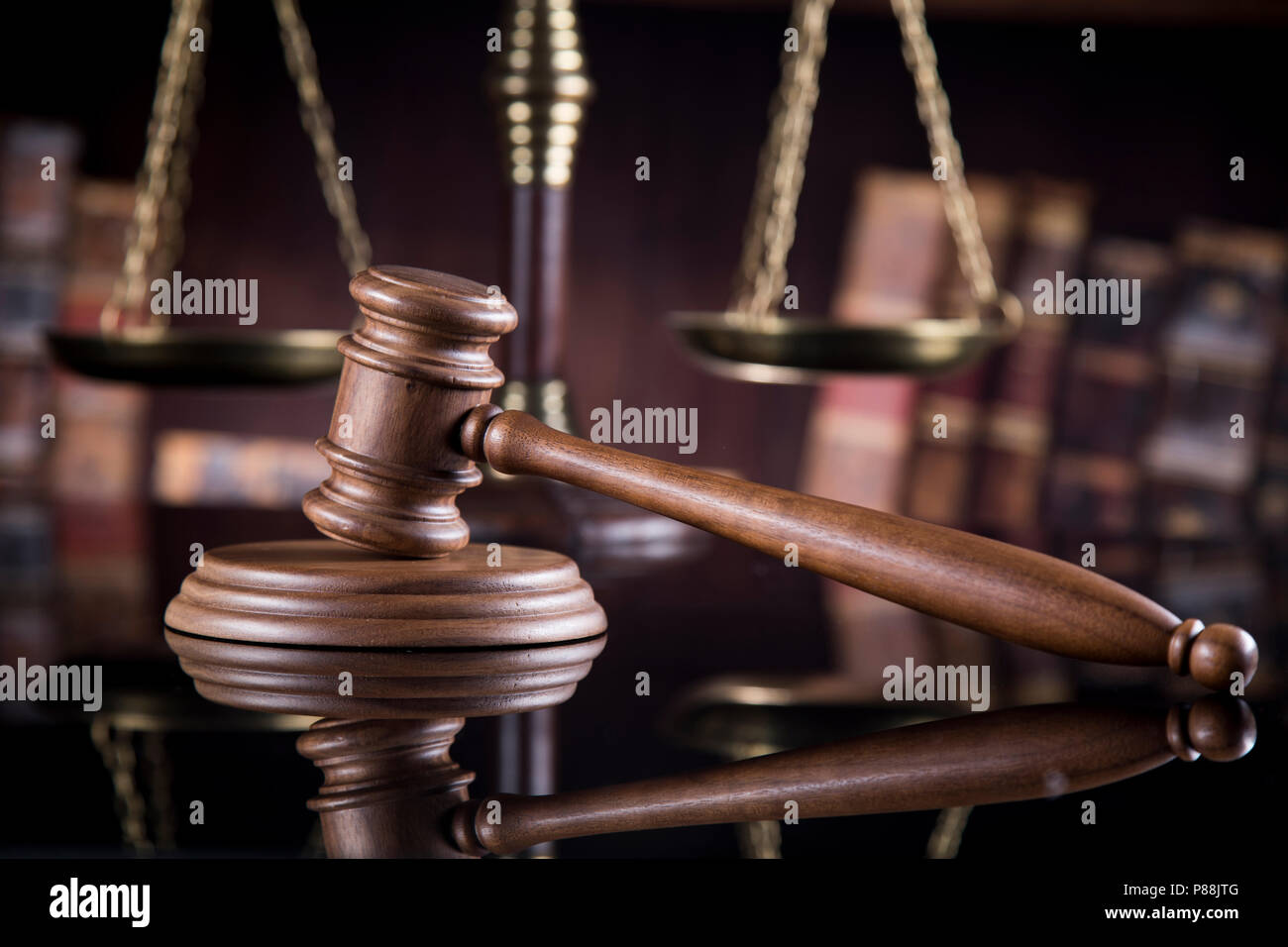 Law theme, mallet of the judge, mirror reflection background Stock ...