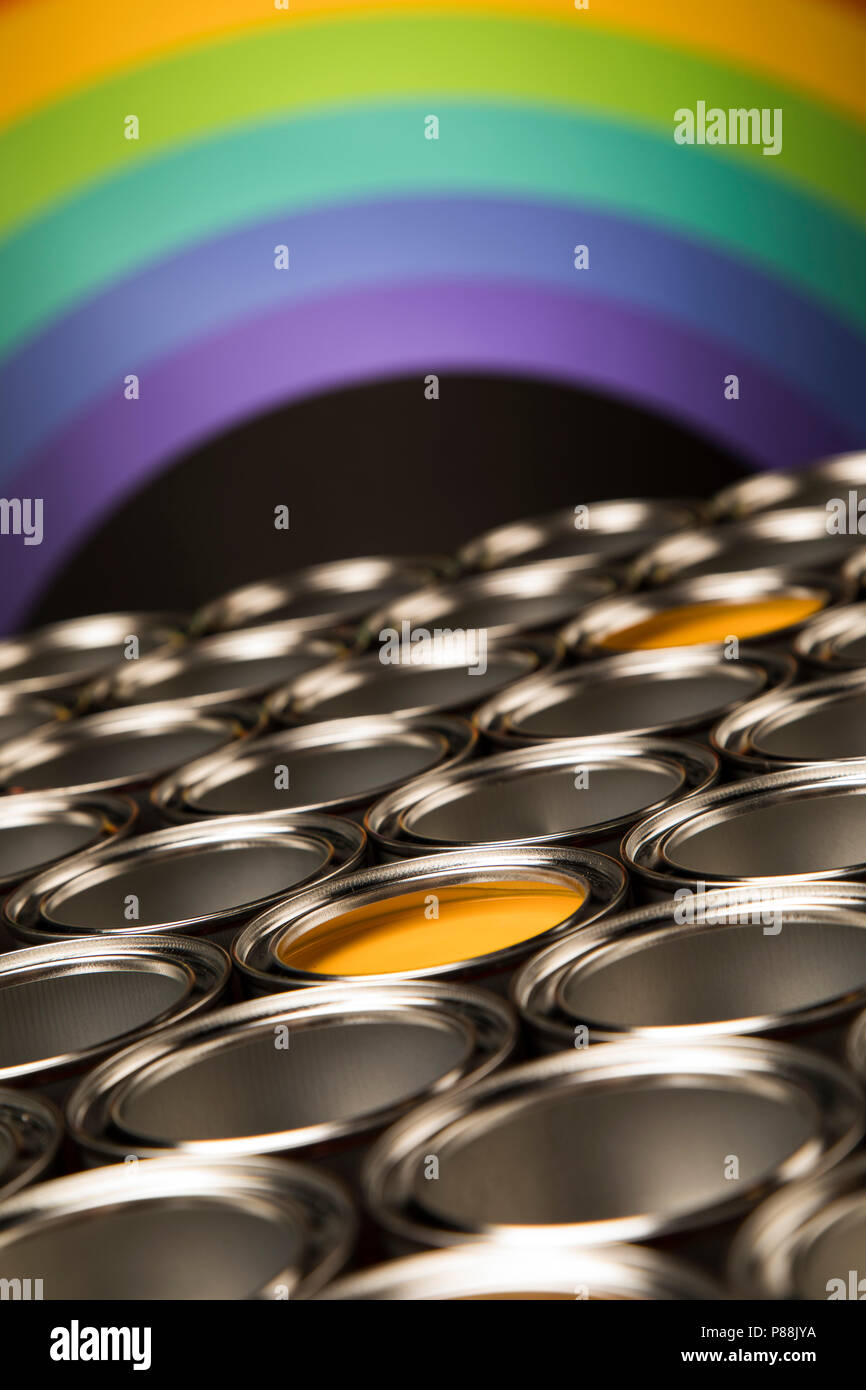 Full Buckets of rainbow colored oil paint Stock Photo - Alamy