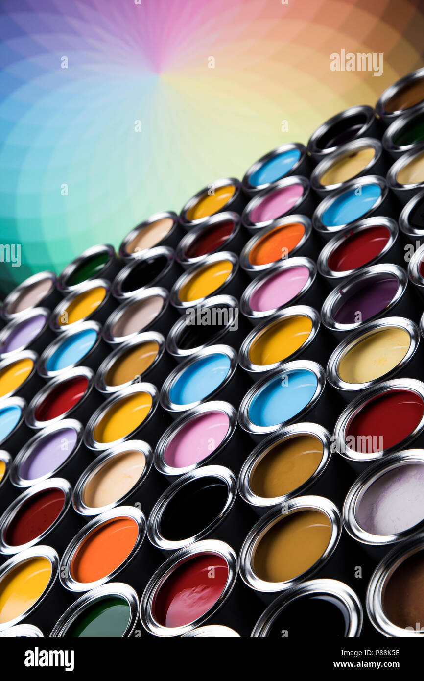 Full Buckets of rainbow colored oil paint Stock Photo - Alamy