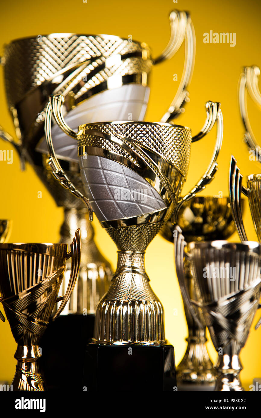 Award winning and championship concept, trophy cup on sport background ...