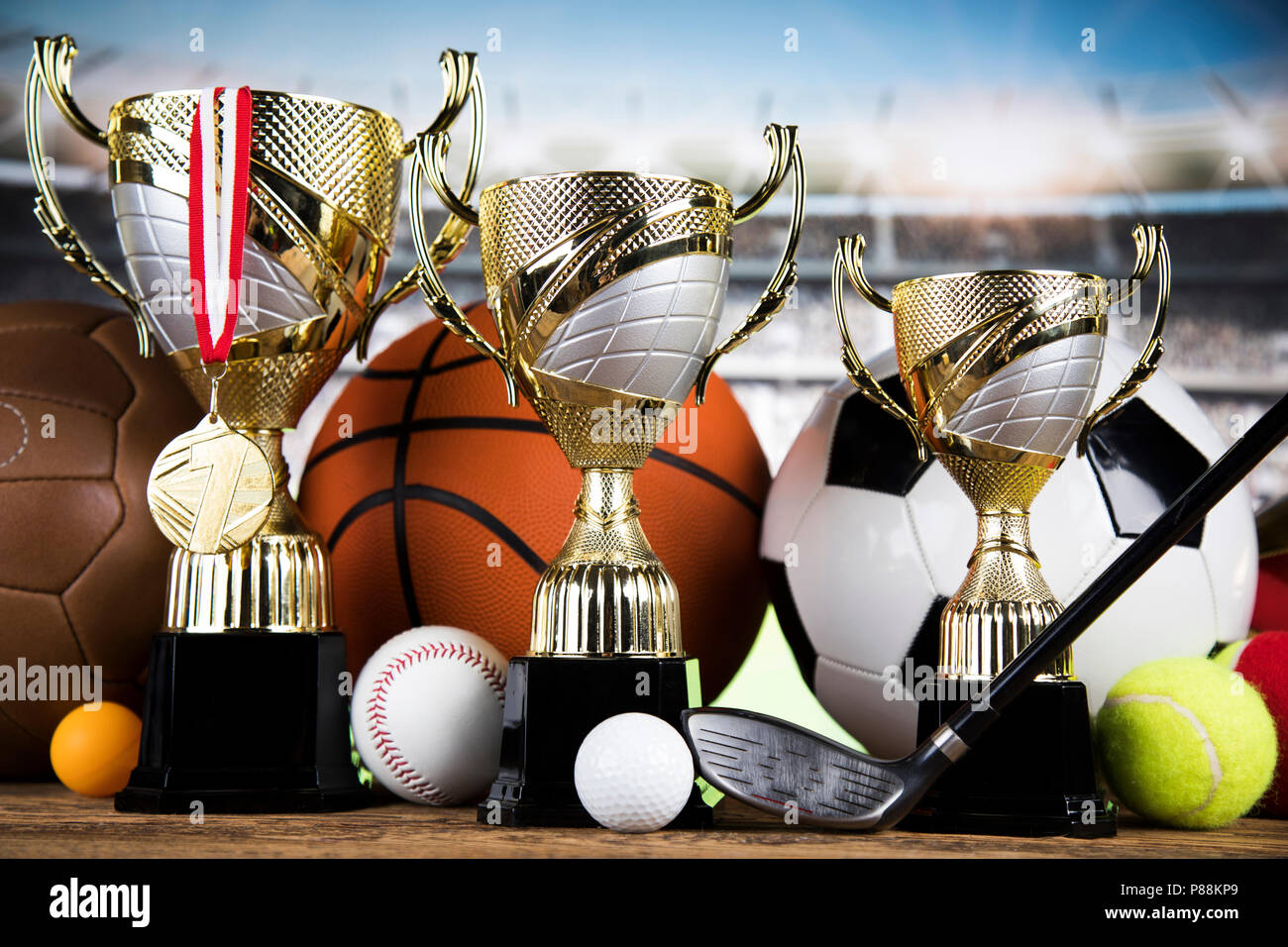 Balls in sport, Trophy and championship concept Stock Photo - Alamy