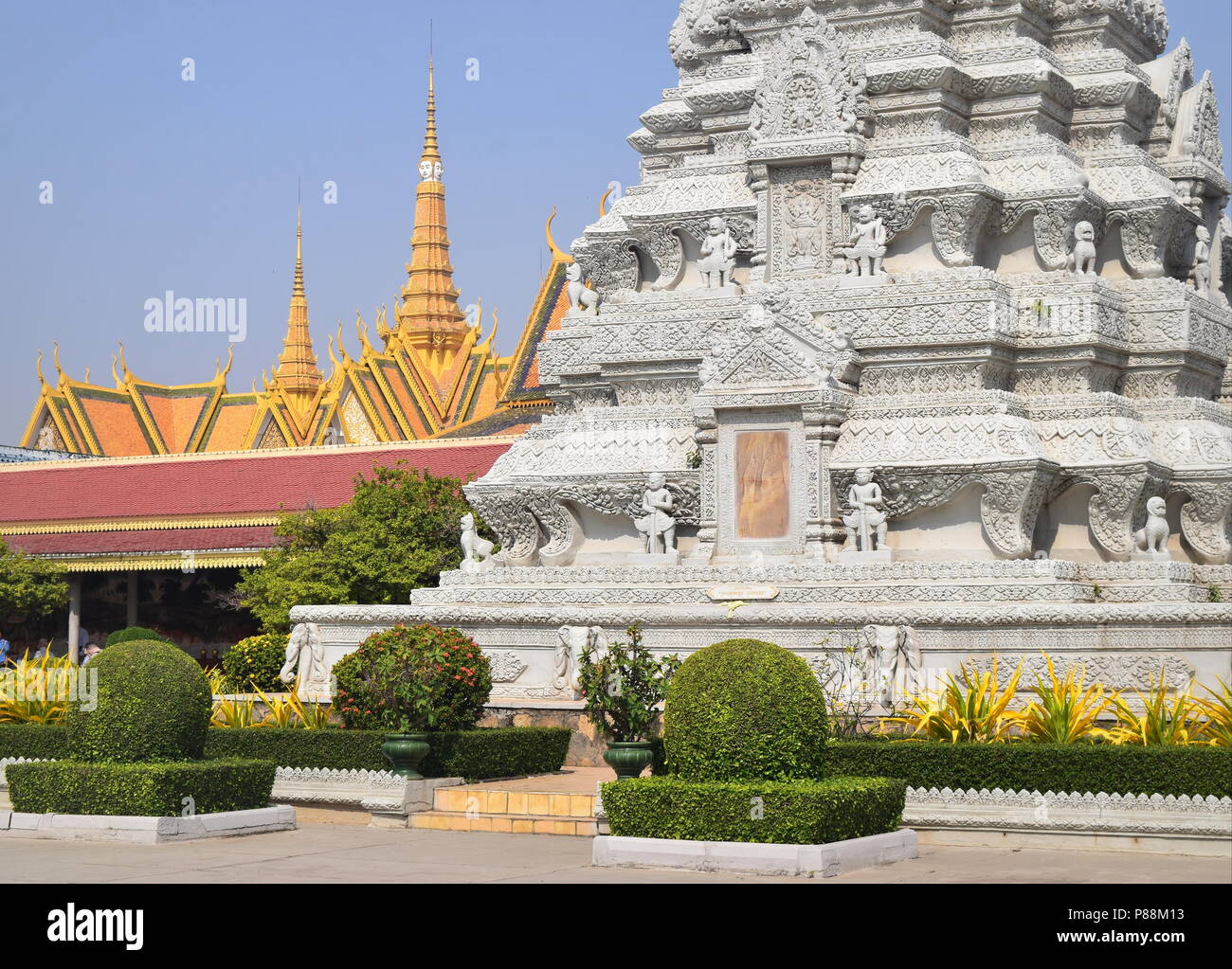 Silver Pagoda and Royal Palace of Phnom Penh from white stupa, Cambodia ...