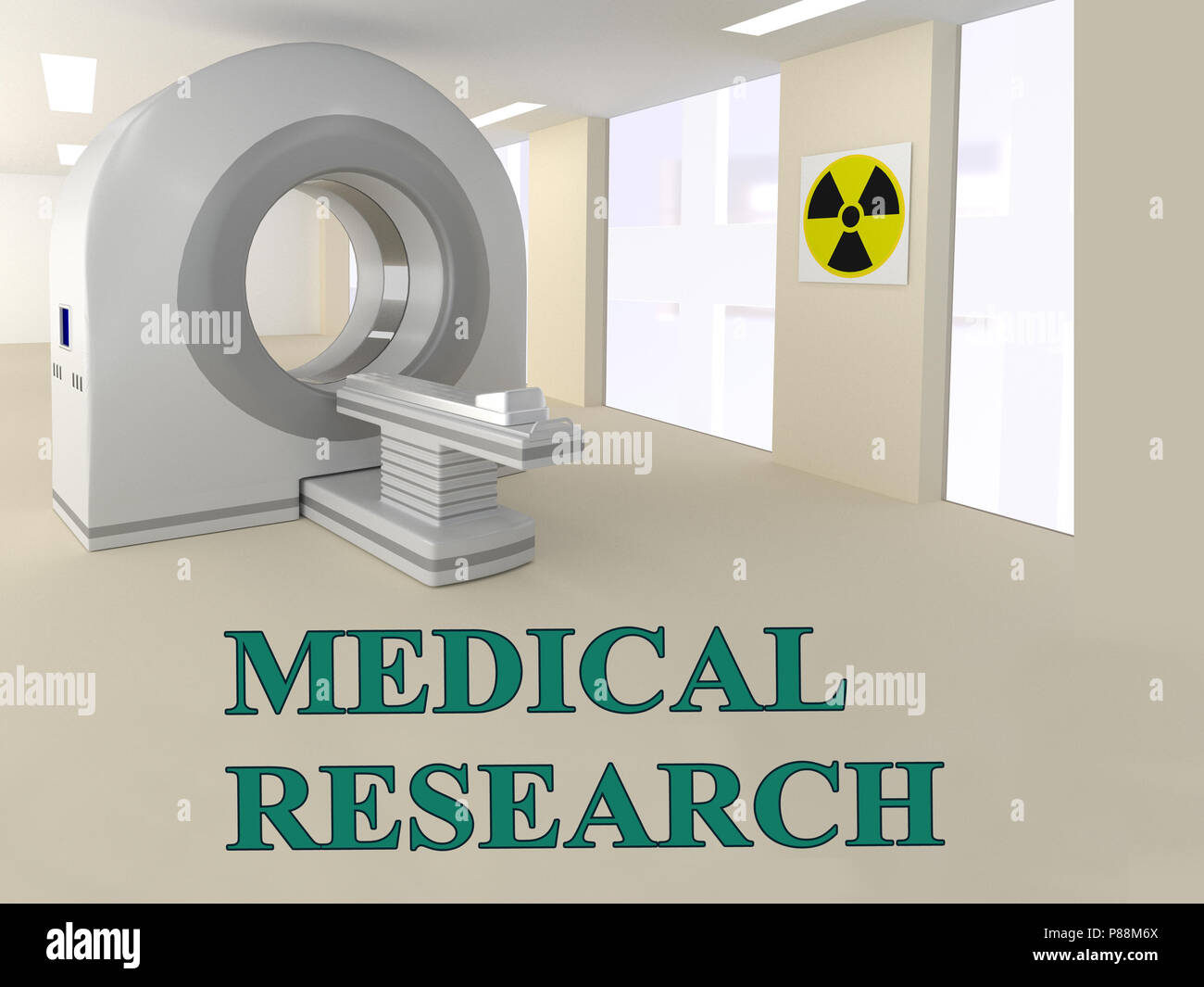 3D illustration of MEDICAL RESEARCH title with CT scanner as a ...