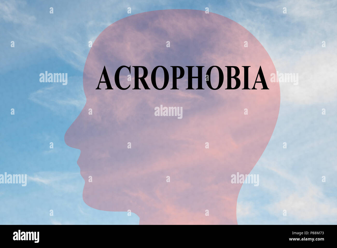 Render illustration of ACROPHOBIA title on head silhouette, with cloudy ...