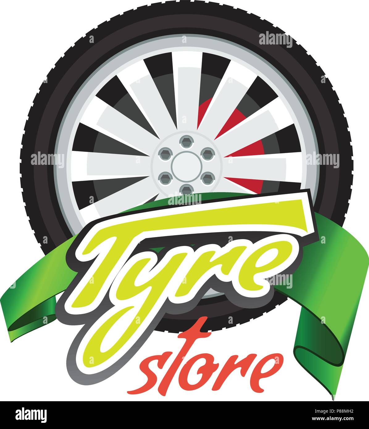 Tyre store or repair logo with green ribbon. Modern, solid and flat ...