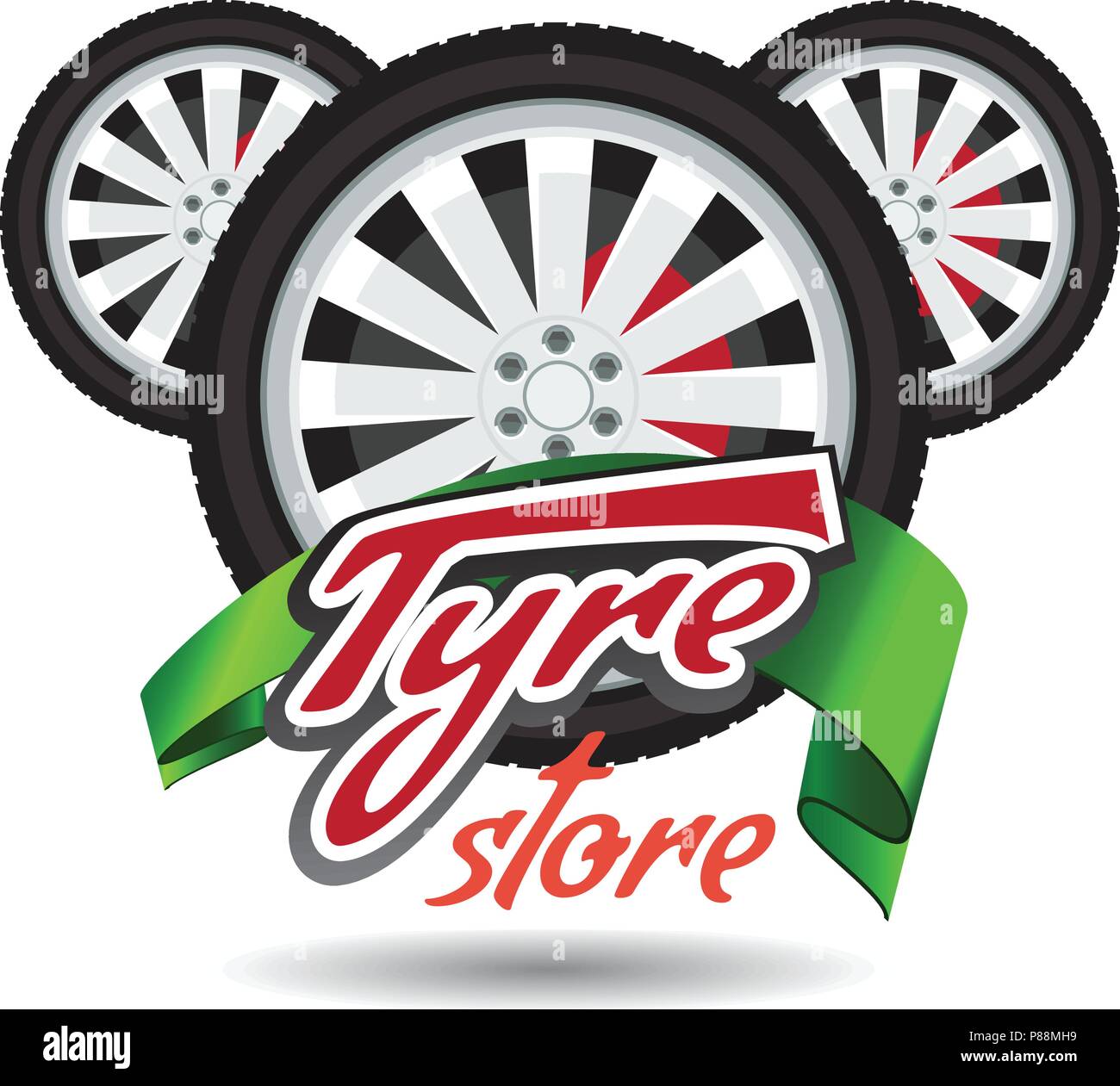 Tyre store or repair logo with green ribbon. Modern, solid and flat ...