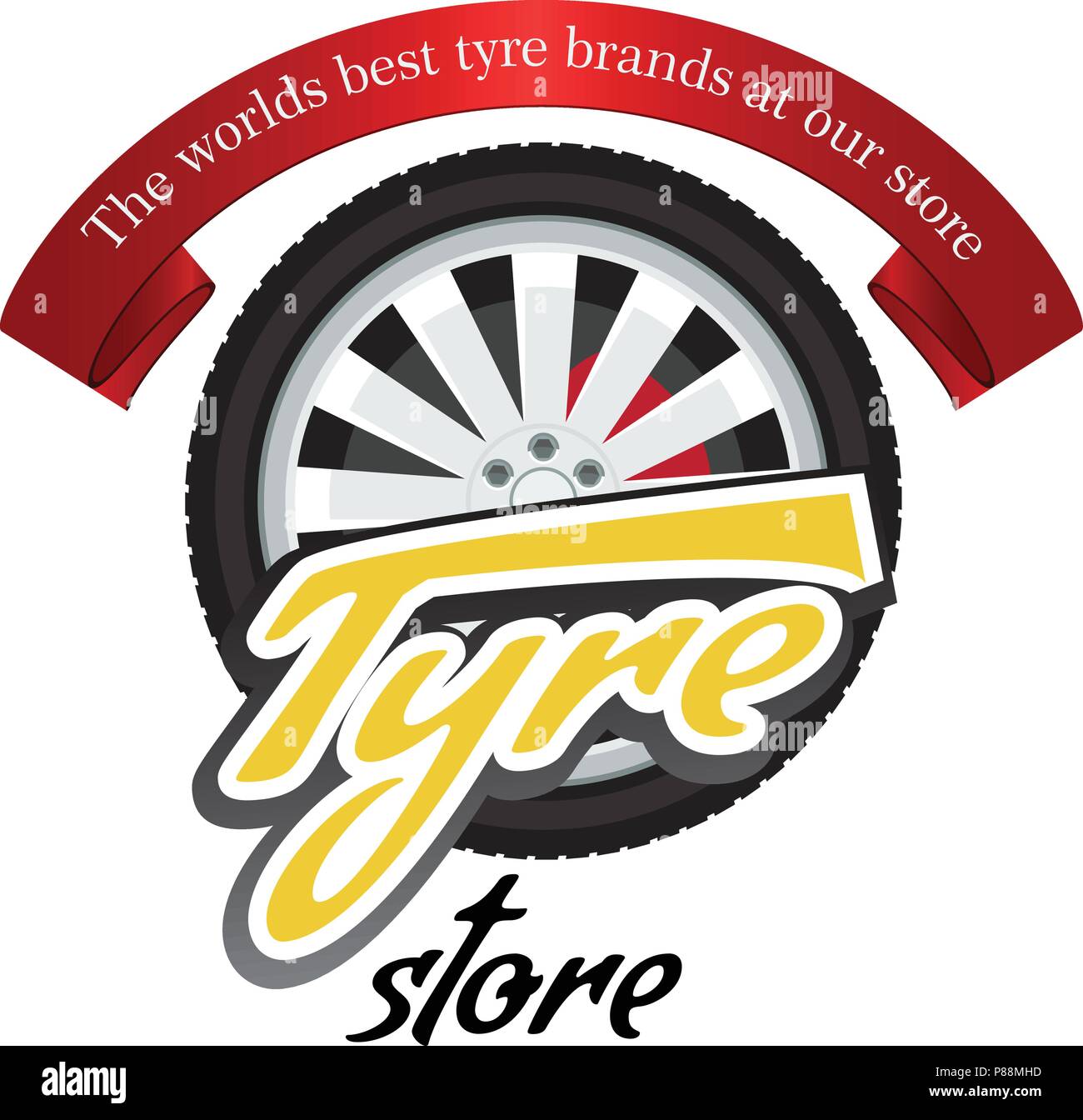 Tyre store or repair logo with red ribbon. Modern, solid and flat color ...