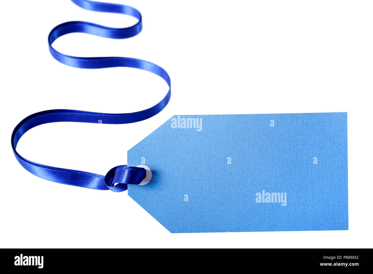 Blue gift tag with curly ribbon isolated on white background Stock ...