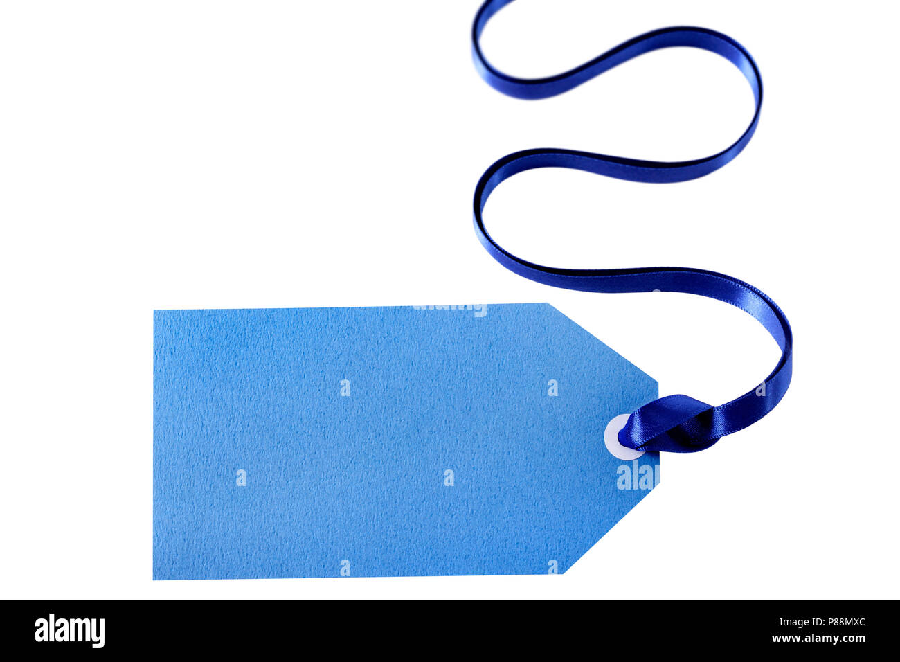 Blue gift tag with curly ribbon isolated on white background Stock ...