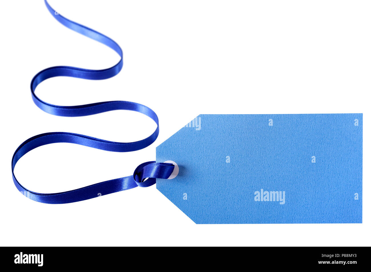 Blue gift tag with curly ribbon isolated on white background Stock ...