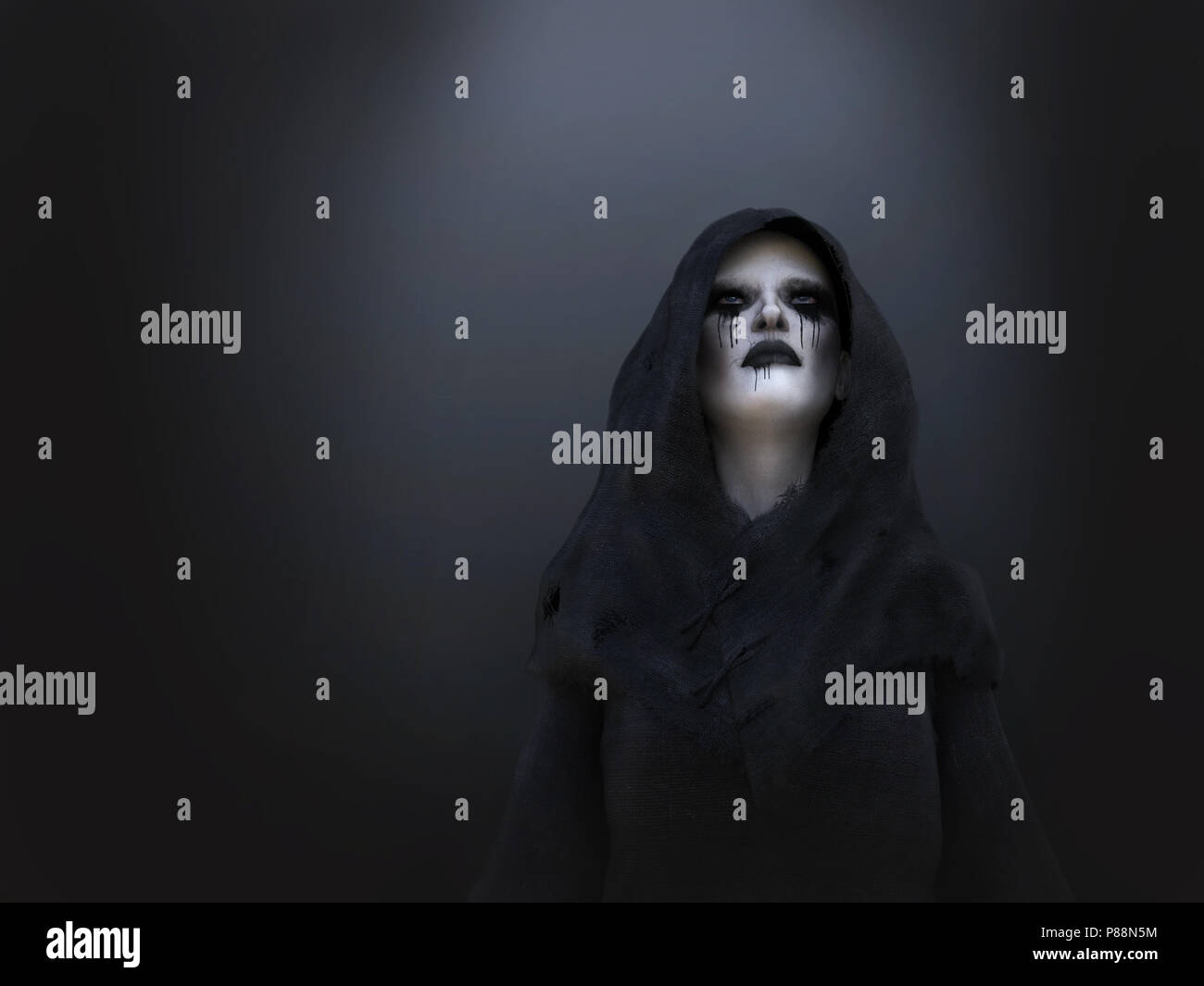 3D rendering of a female death angel or demon wearing a black hood ...
