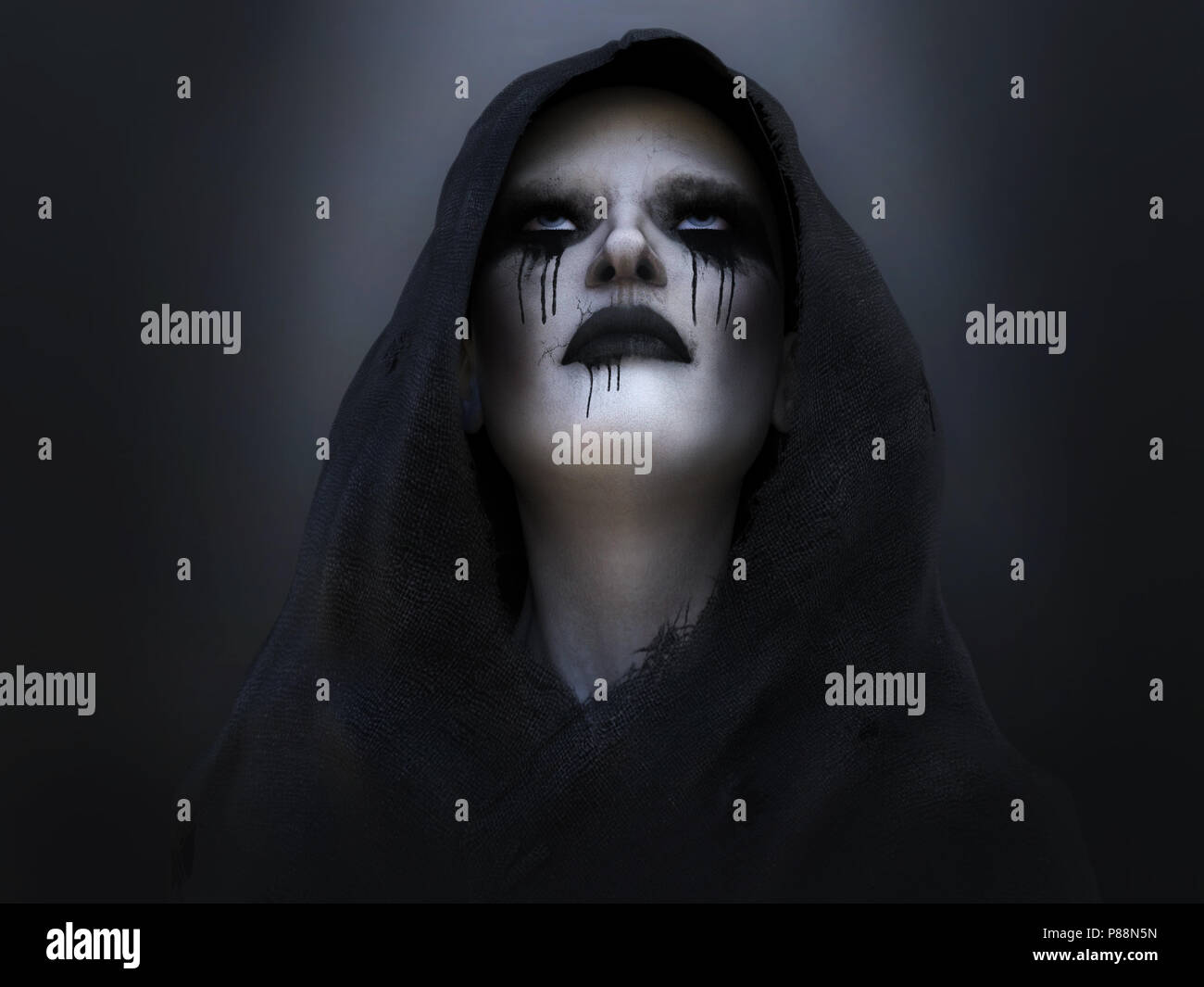 3D rendering of a female death angel or demon wearing a black hood and ...