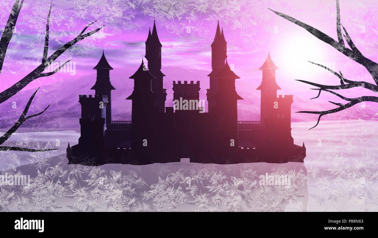 3D rendering of a fairy tale fantasy winter castle with frost around ...
