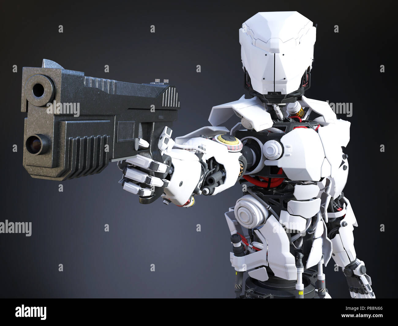 3D rendering of a futuristic robot police or soldier holding up a gun ...