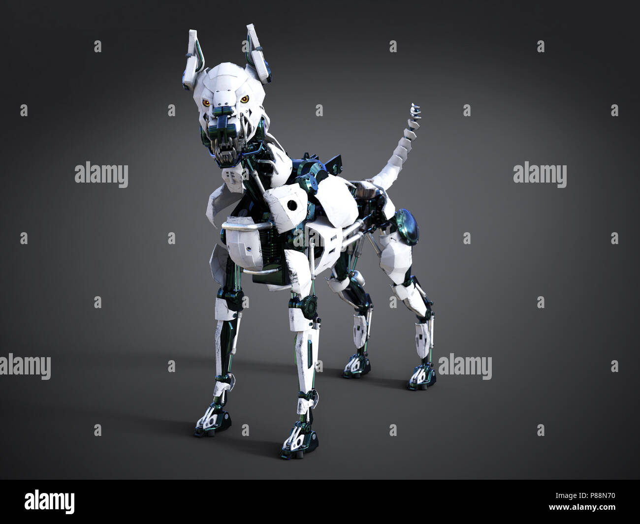 3D rendering of a futuristic mean looking robot dog. Dark background ...