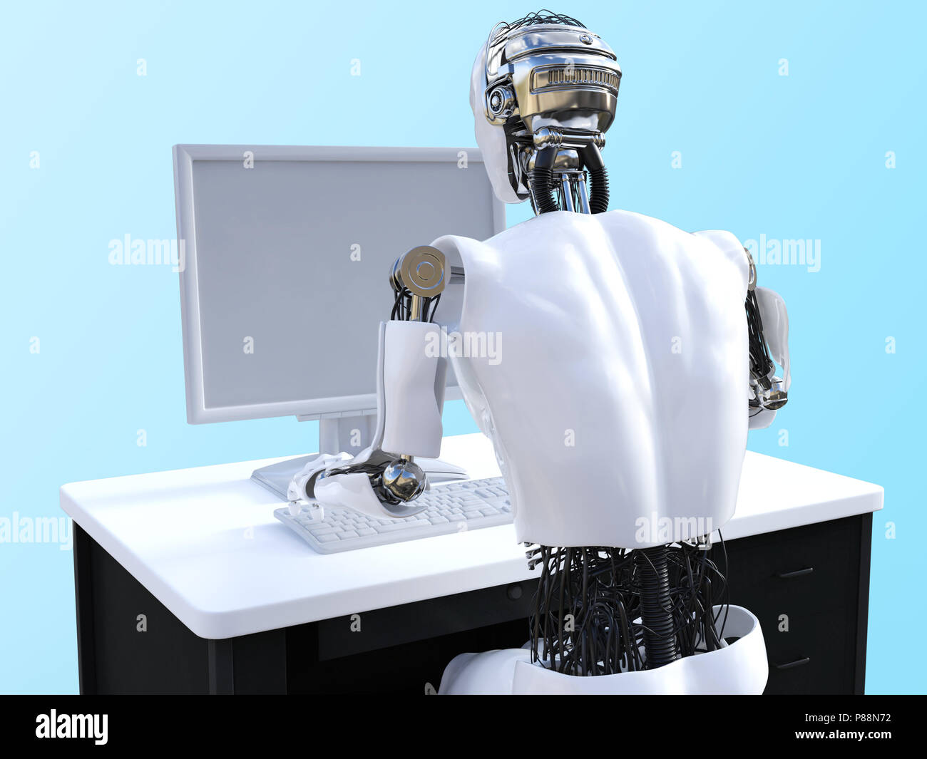 Back view of a male robot sitting and working with a computer, 3D ...