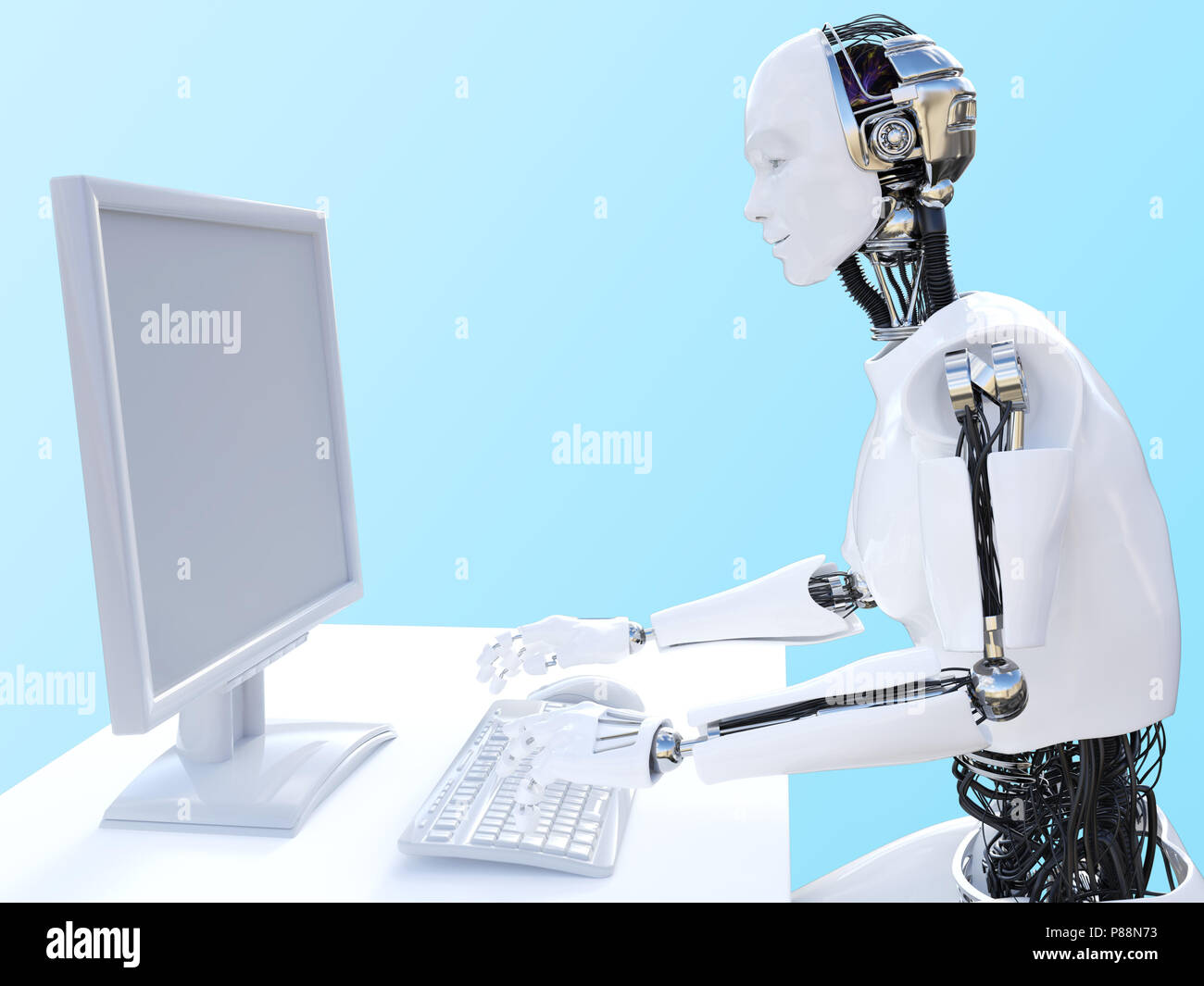 Side view of a male robot sitting and working with a computer, 3D ...