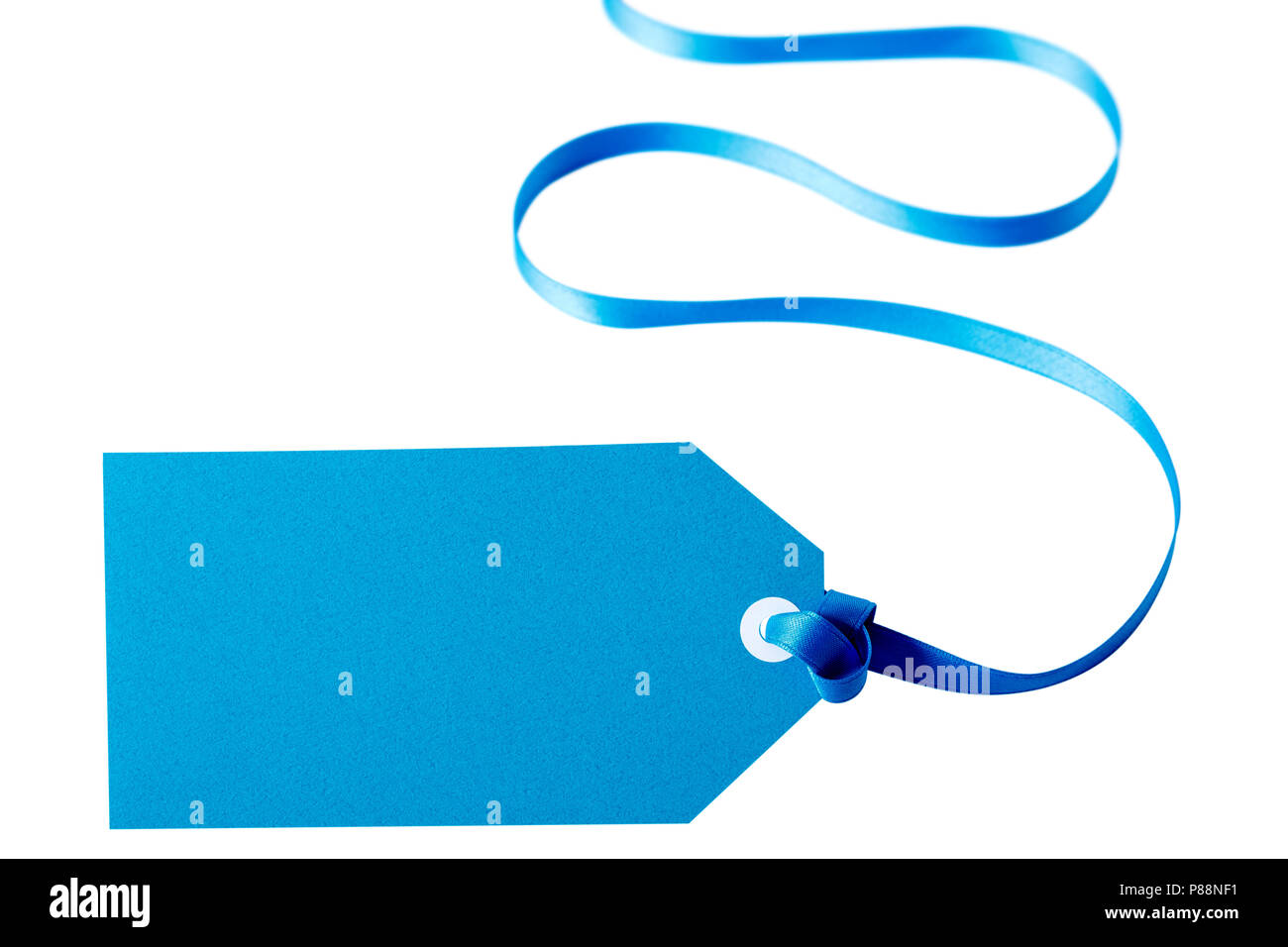 Blue gift tag or label with curly ribbon isolated on white background ...