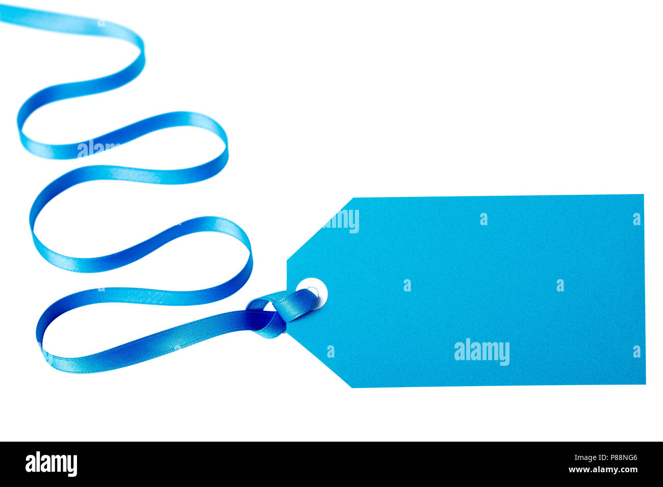 Blue gift tag or label with curly ribbon isolated on white background ...