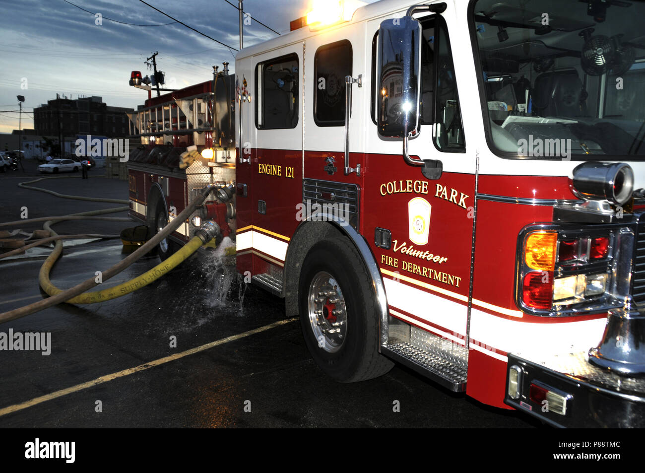 fire truck at work at a building fire in Hyattsville, Maryland Stock ...