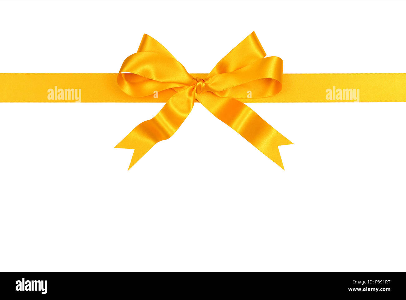 Yellow satin ribbon bow straight horizontal isolated on white ...
