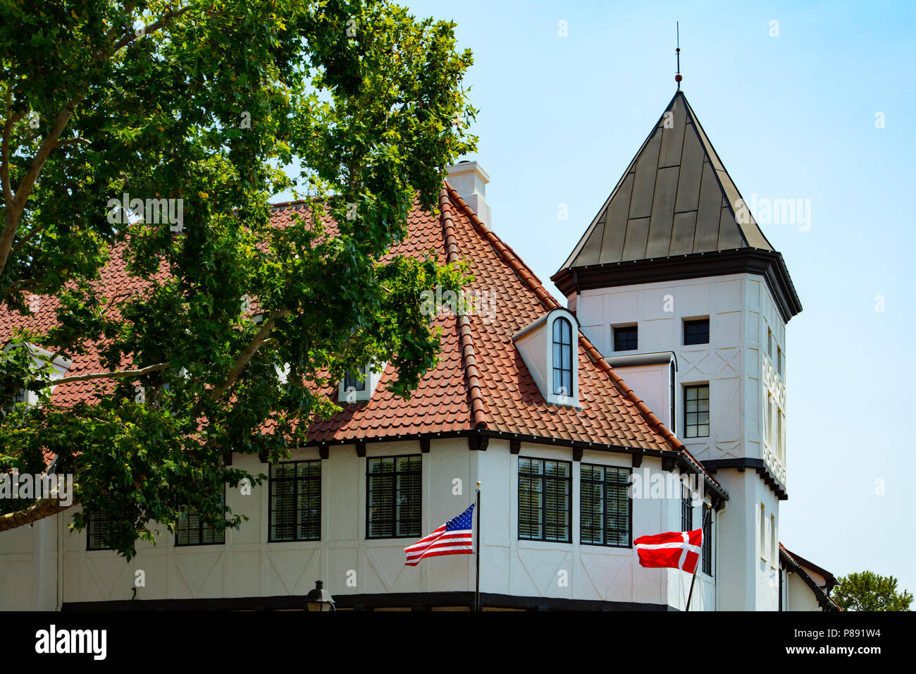 Solvang, California architecture and flags flying in the wind Stock ...
