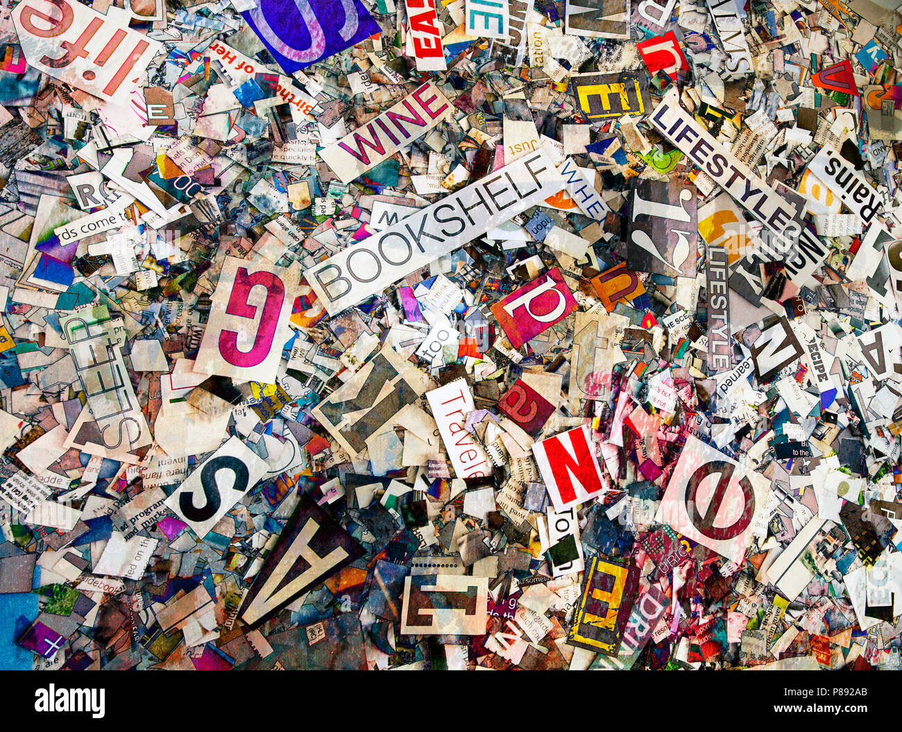 Random words and letters bookshelf toned color magaazine baxground ...