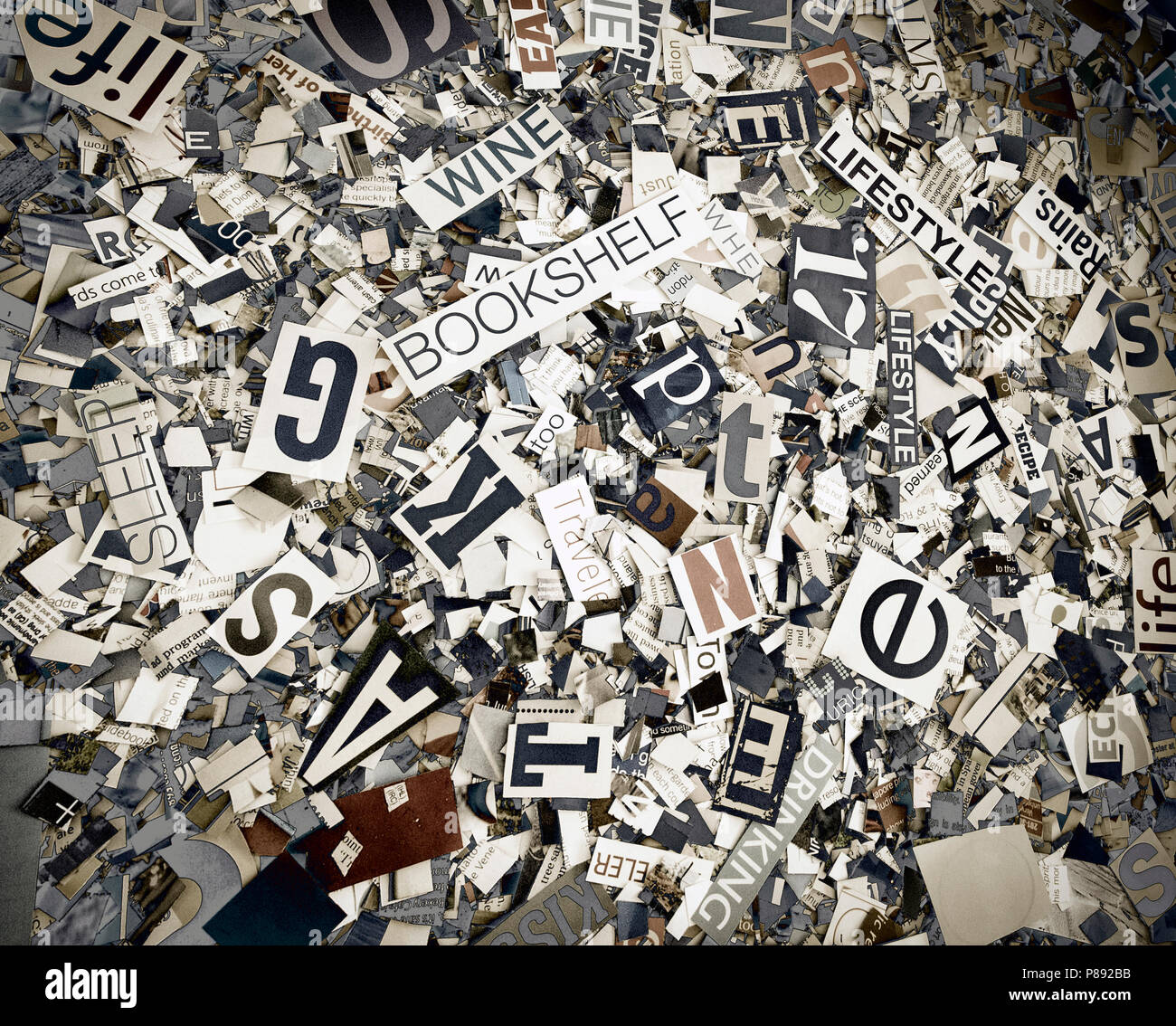 Random words and letters magaazine bookshelf abstract Stock Photo - Alamy