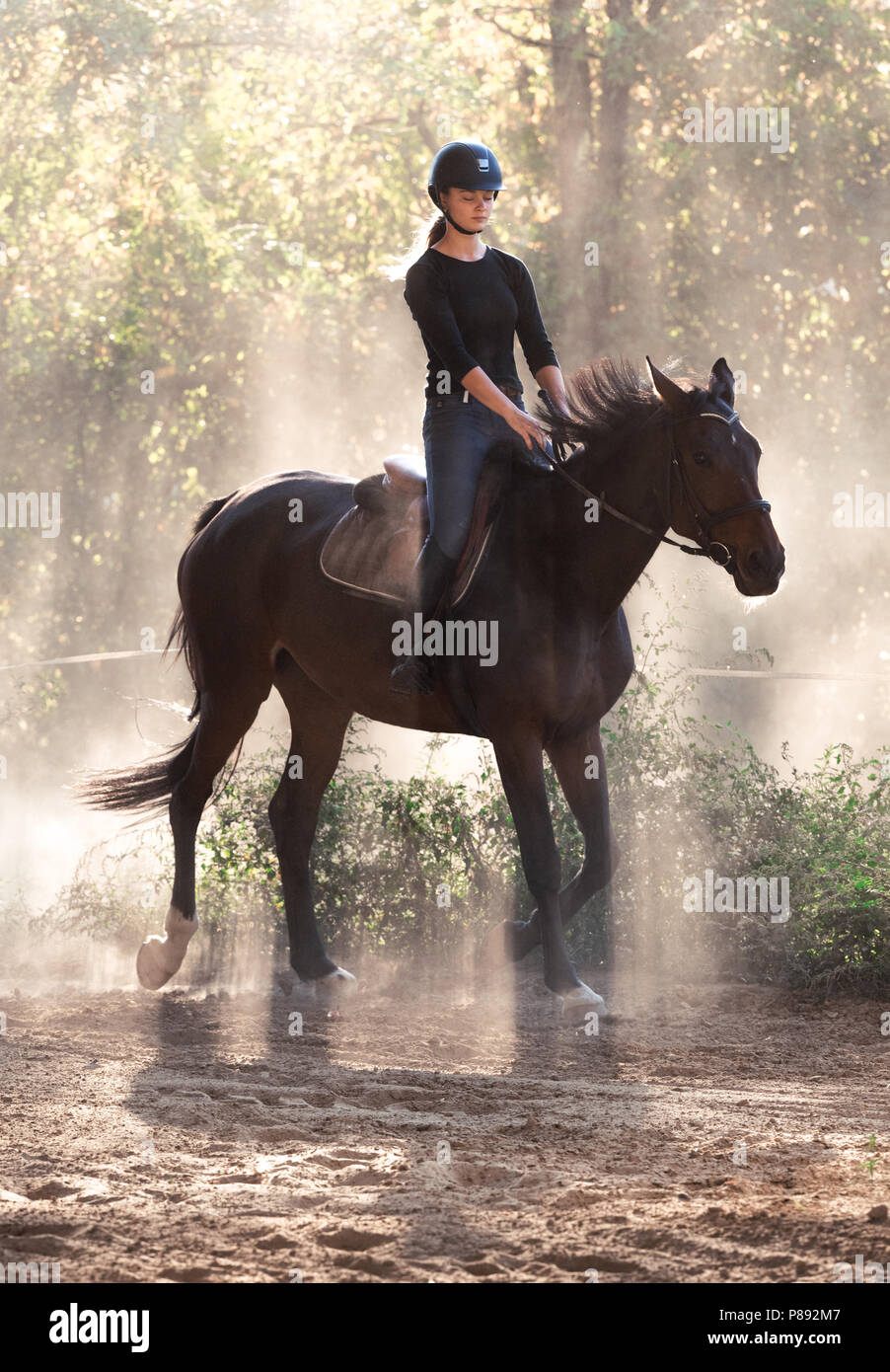 Young pretty girl - riding a horse with backlit leaves behind Stock ...