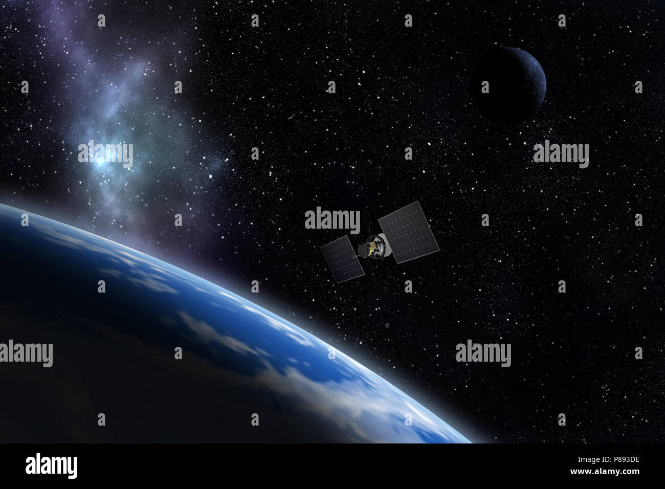 Spacecraft flying near unknown planet. Space exploration. 3d ...