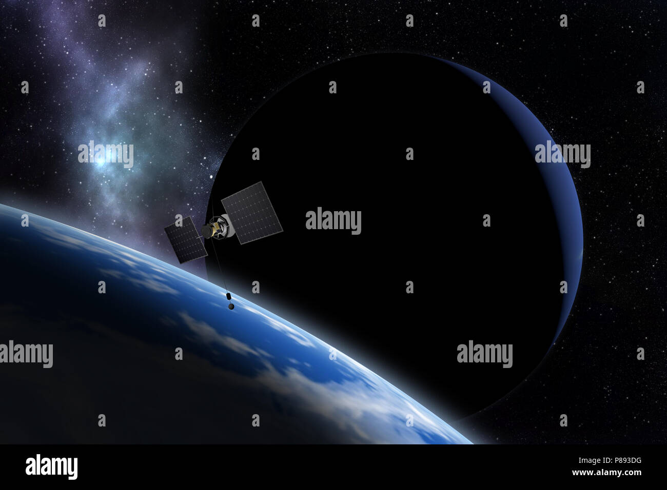 Spacecraft flying near unknown planet. Space exploration. 3d ...