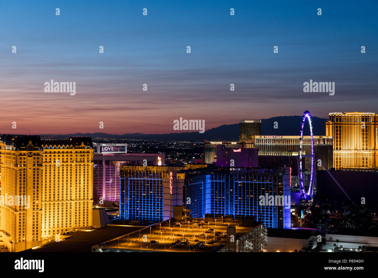 Elevated view of The Strip, Las Vegas, Nevada, USA. at night with ...