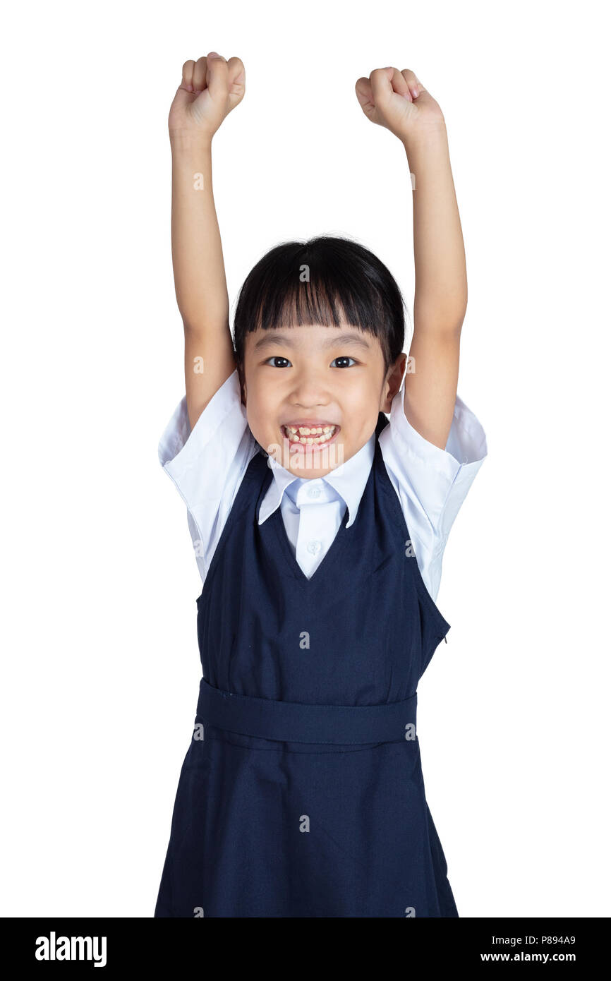 Asian Little Chinese Girl shouting with hands up in isolated White ...