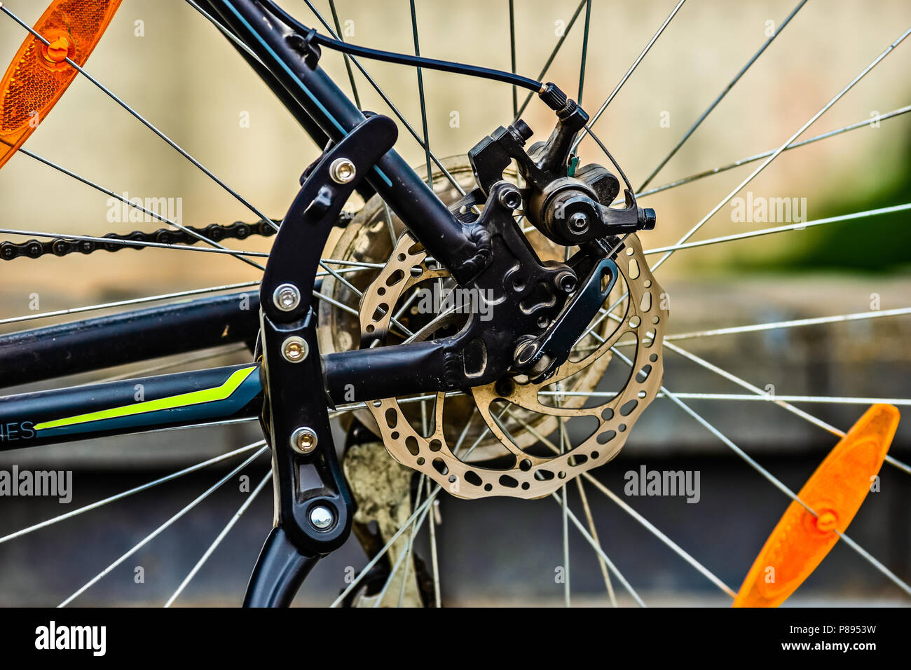 Details of a rear wheel of a modern bicycle with all the driving and ...