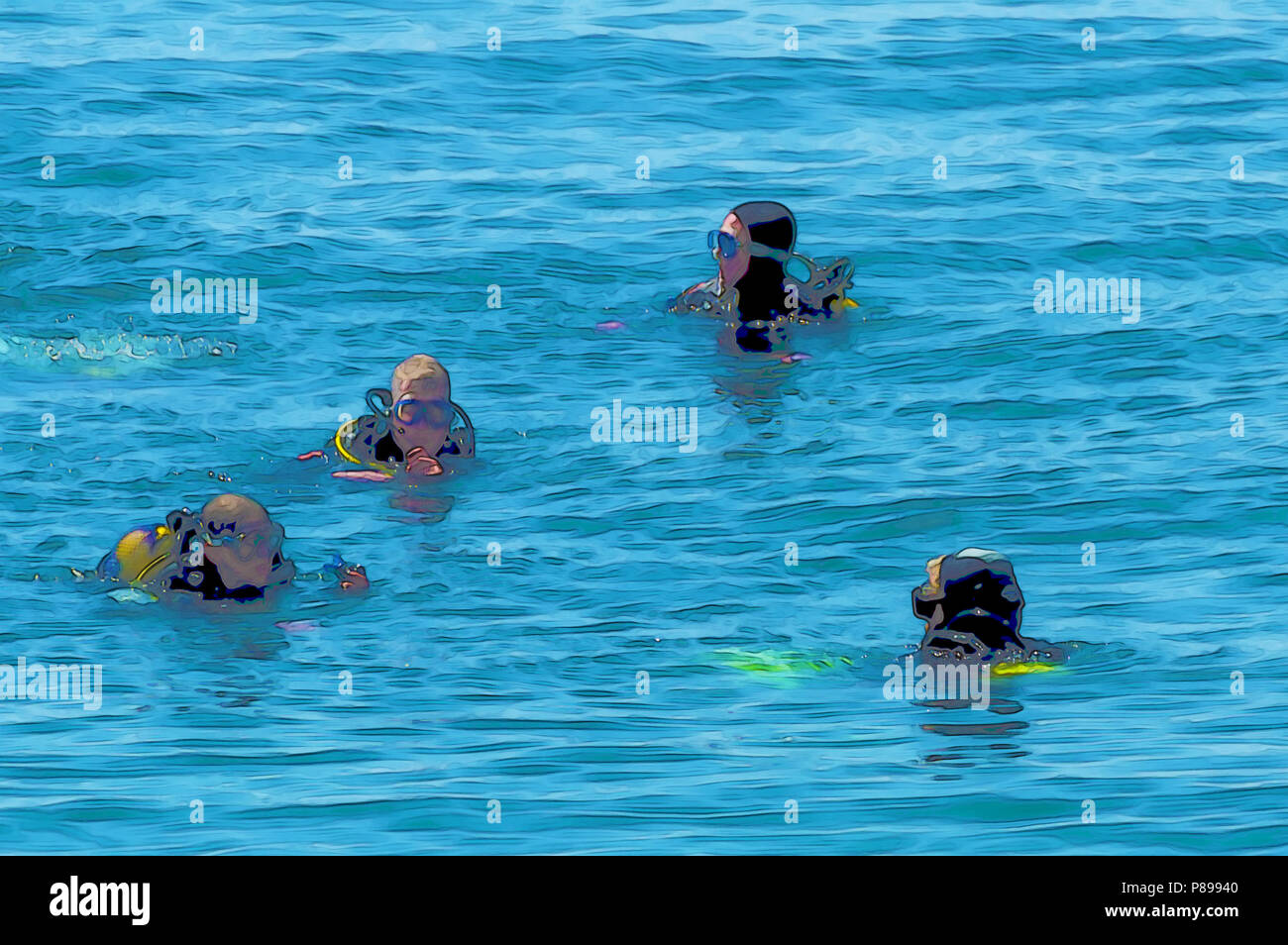 Illustration divers in wetsuits on the blue water in the spanish bay ...