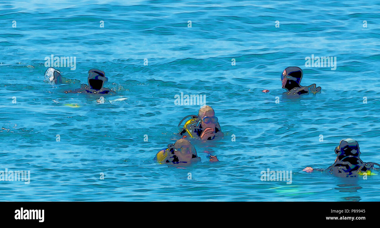 Illustration divers in wetsuits on the blue water in the spanish bay ...