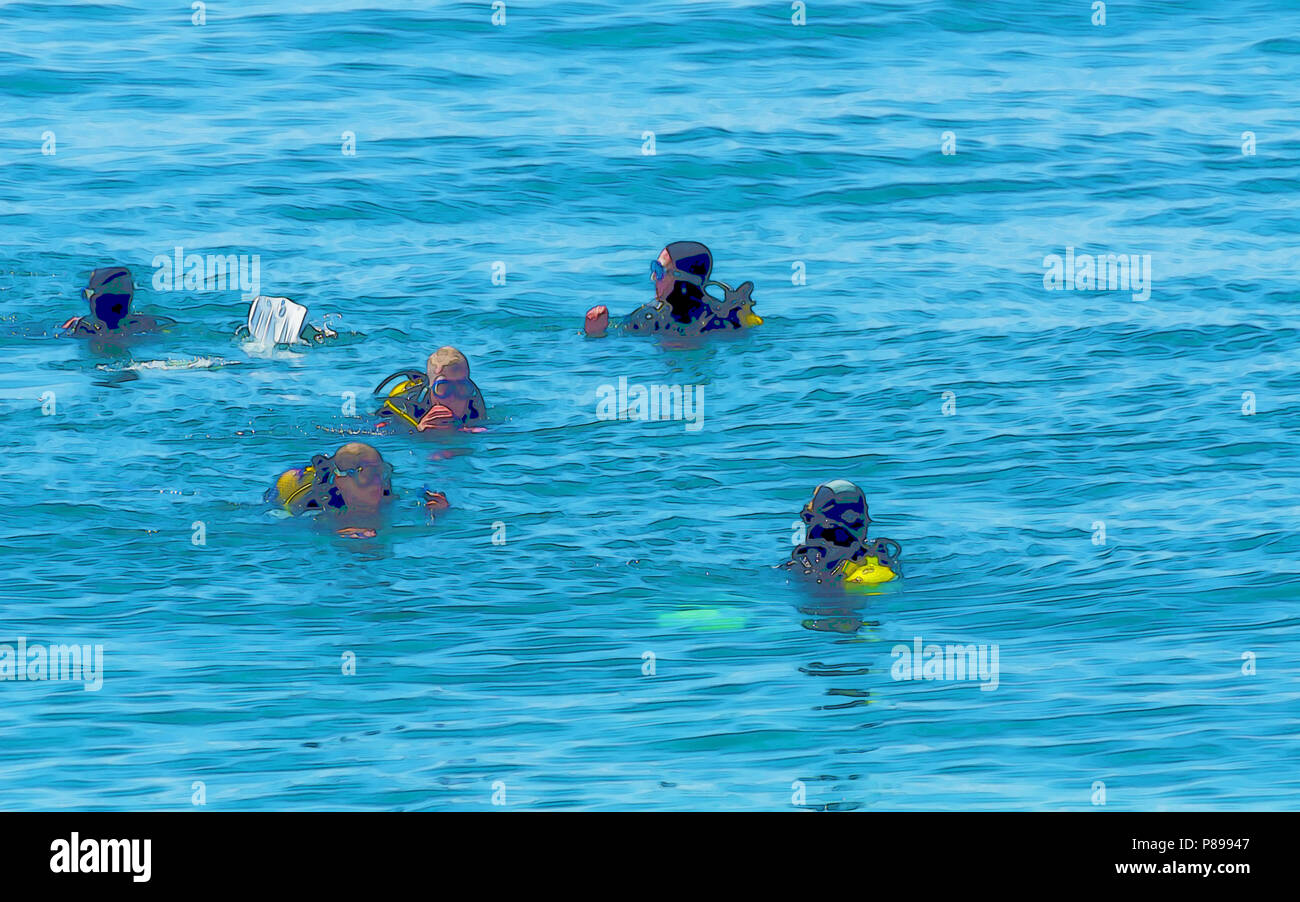Illustration divers in wetsuits on the blue water in the spanish bay ...