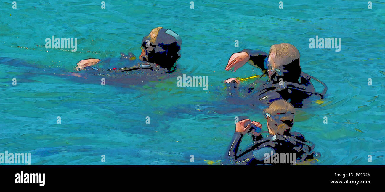 Illustration divers in wetsuits on the blue water in the spanish bay ...