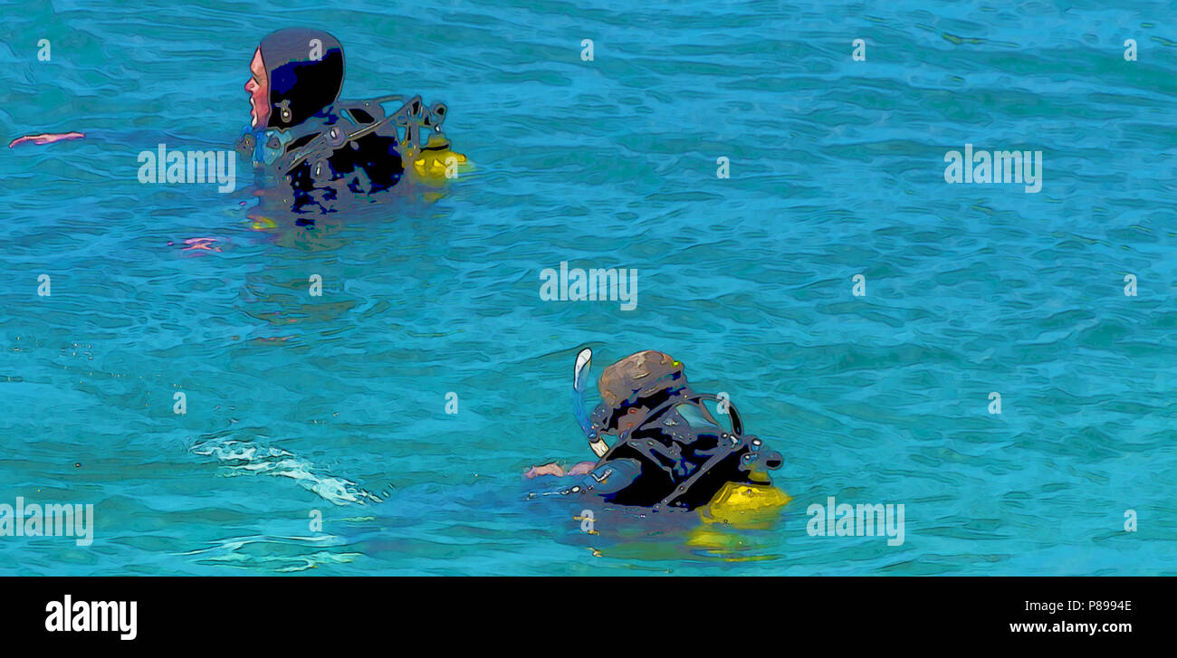 Illustration divers in wetsuits on the blue water in the spanish bay ...
