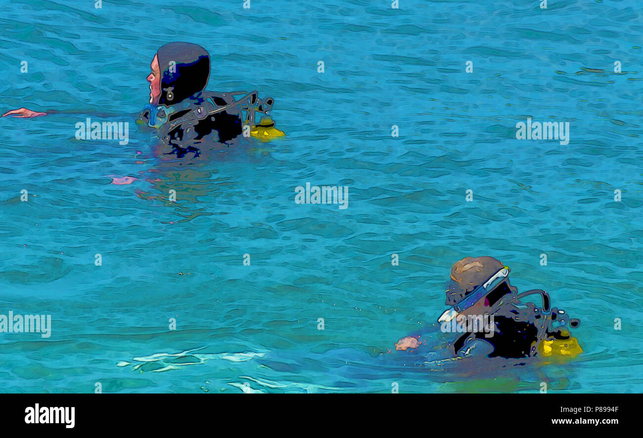 Illustration divers in wetsuits on the blue water in the spanish bay ...