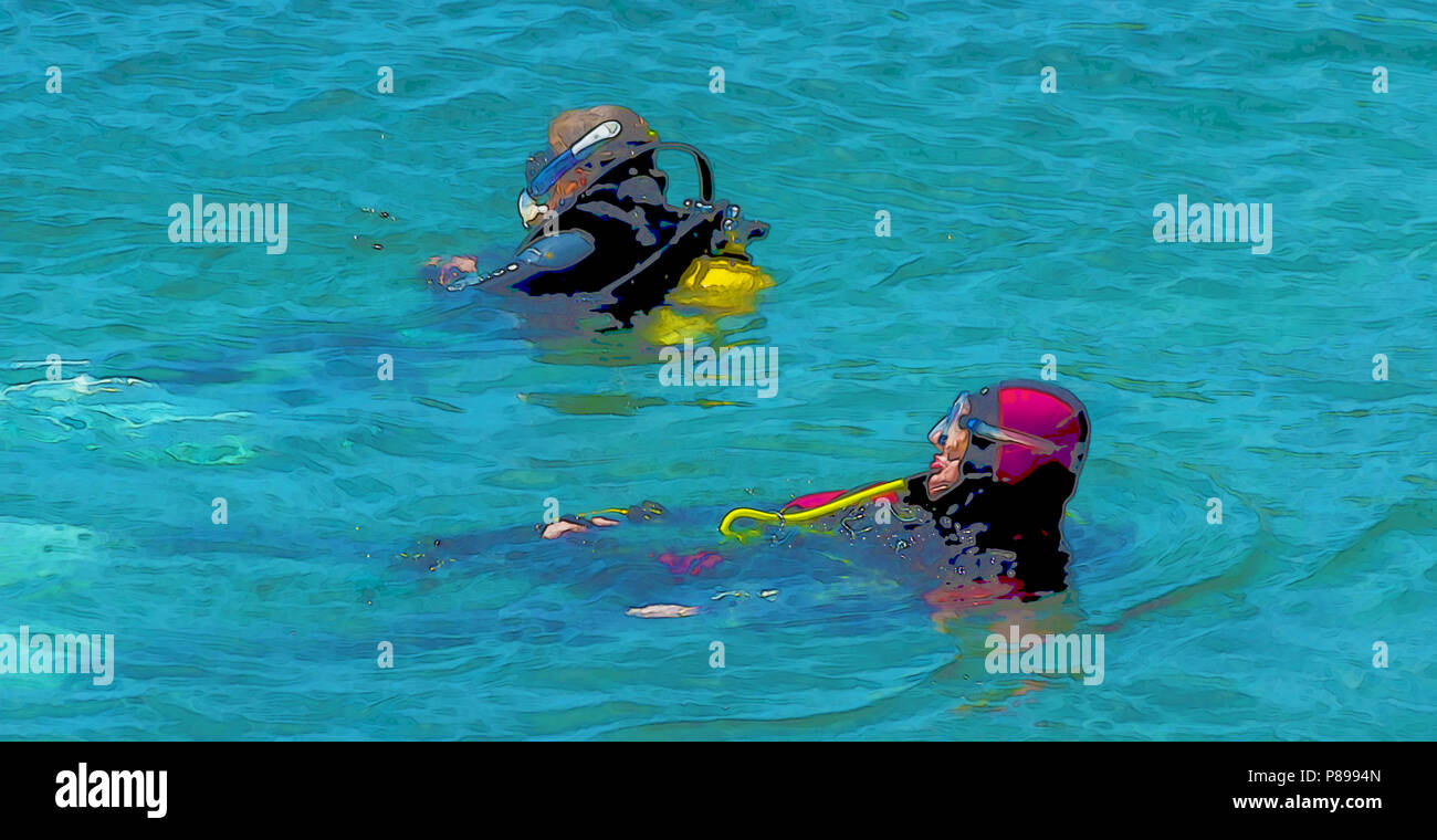 Illustration divers in wetsuits on the blue water in the spanish bay ...