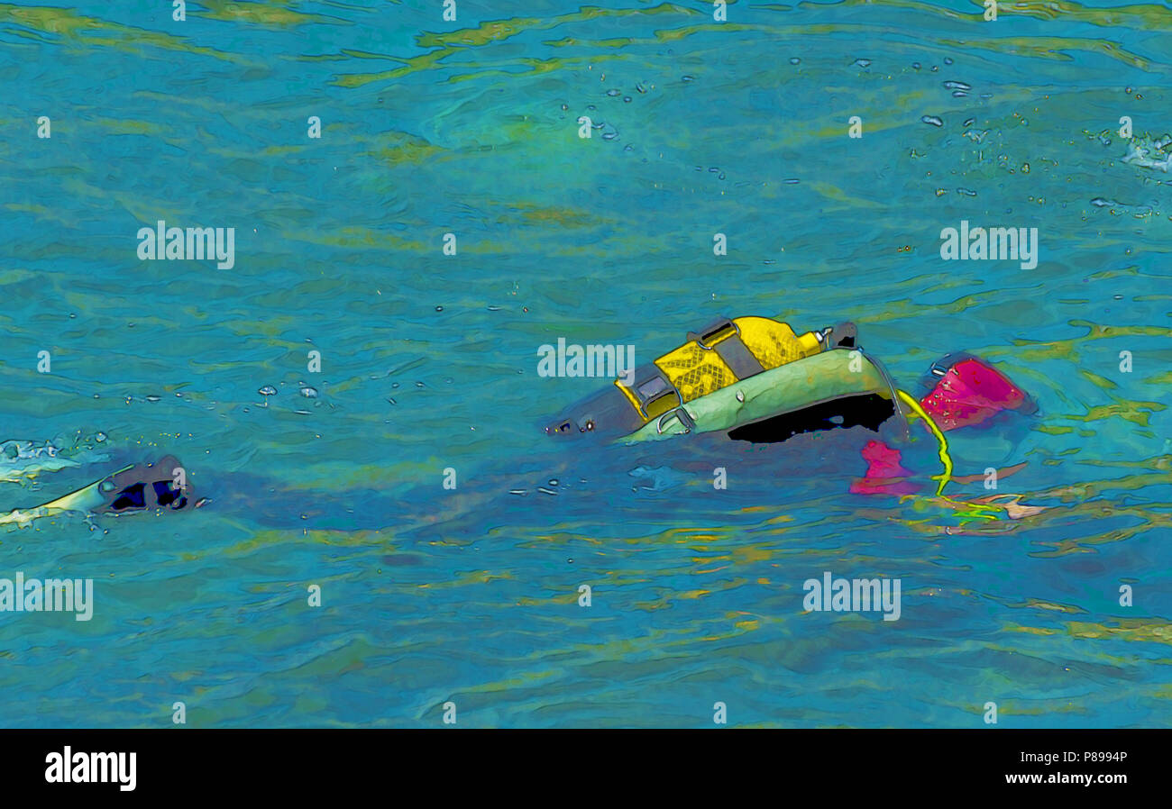 Illustration divers in wetsuits on the blue water in the spanish bay ...