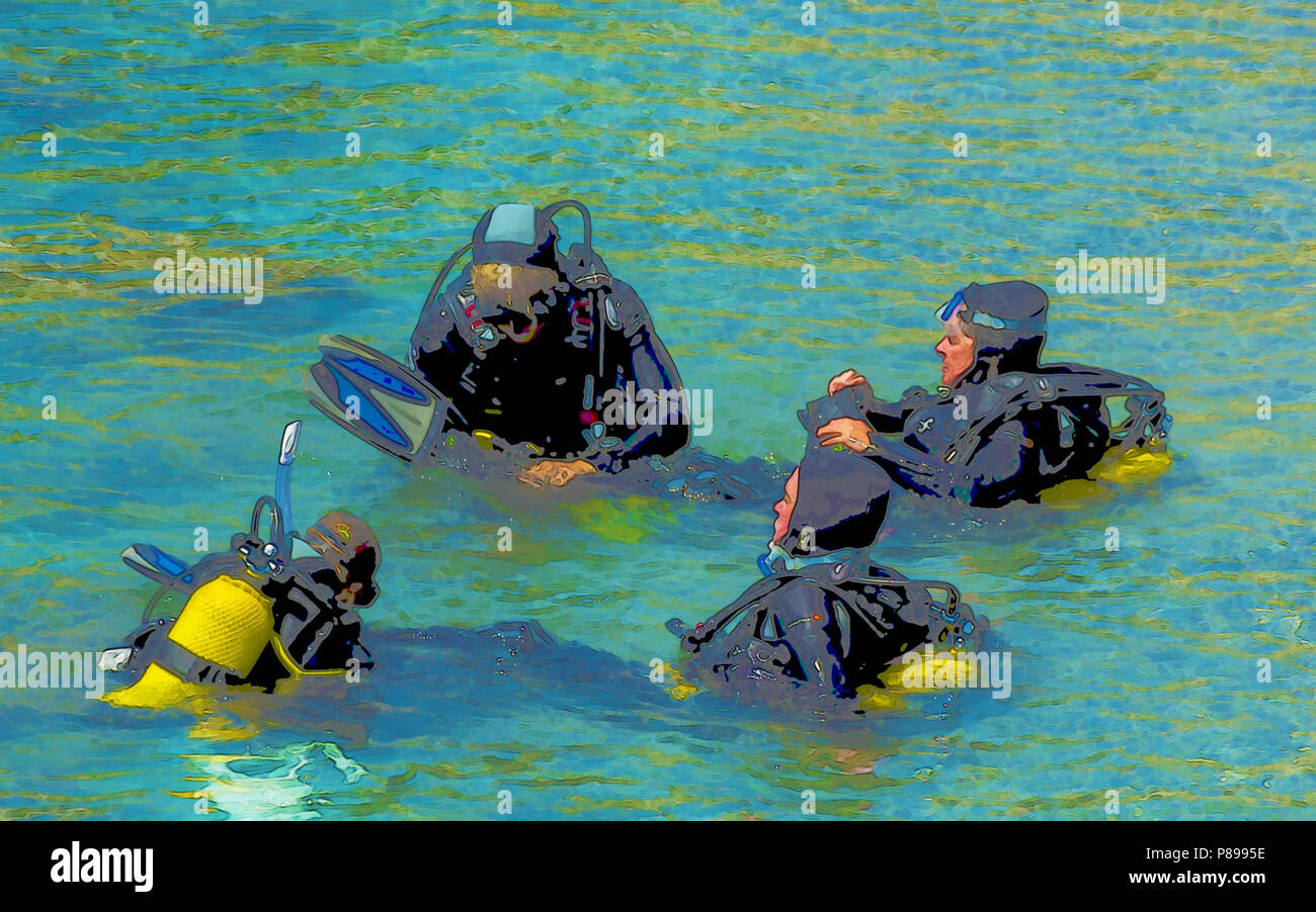 Illustration divers in wetsuits on the blue water in the spanish bay ...