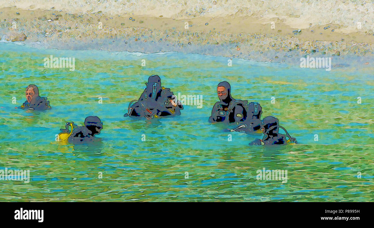 Illustration divers in wetsuits on the blue water in the spanish bay ...