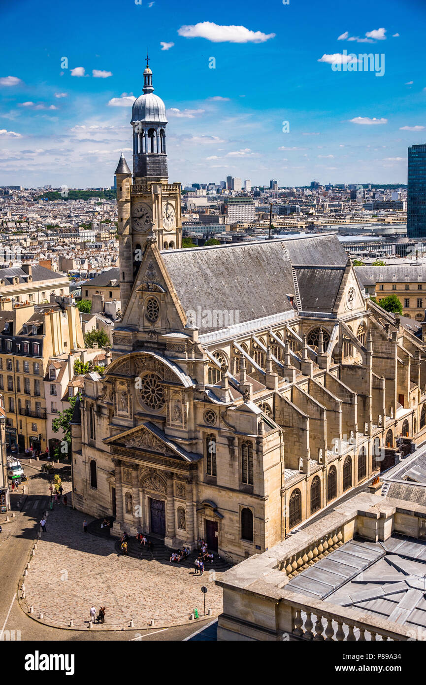 An aerial view of Saint-Étienne-du-Mont church as viewed from the top ...